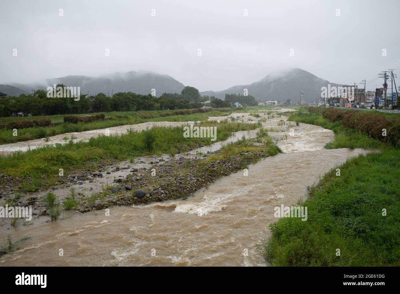yudanaka, nagano, japan, 2021-13-8 , river during a typhoon at Yudanaka ...