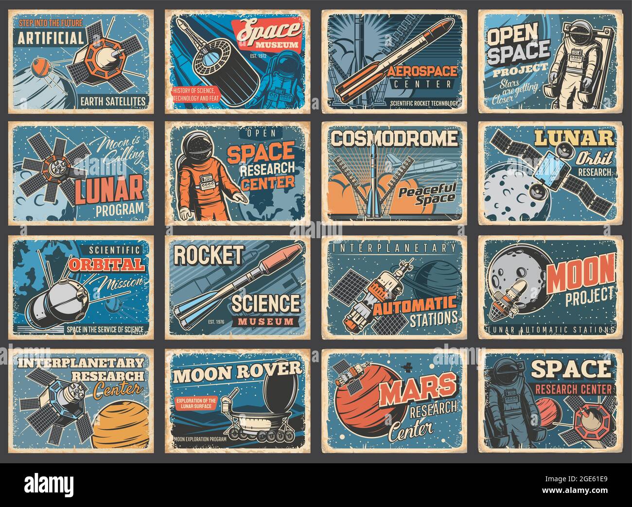 Galaxy, spaceship and outer space vintage posters, vector rocket ...