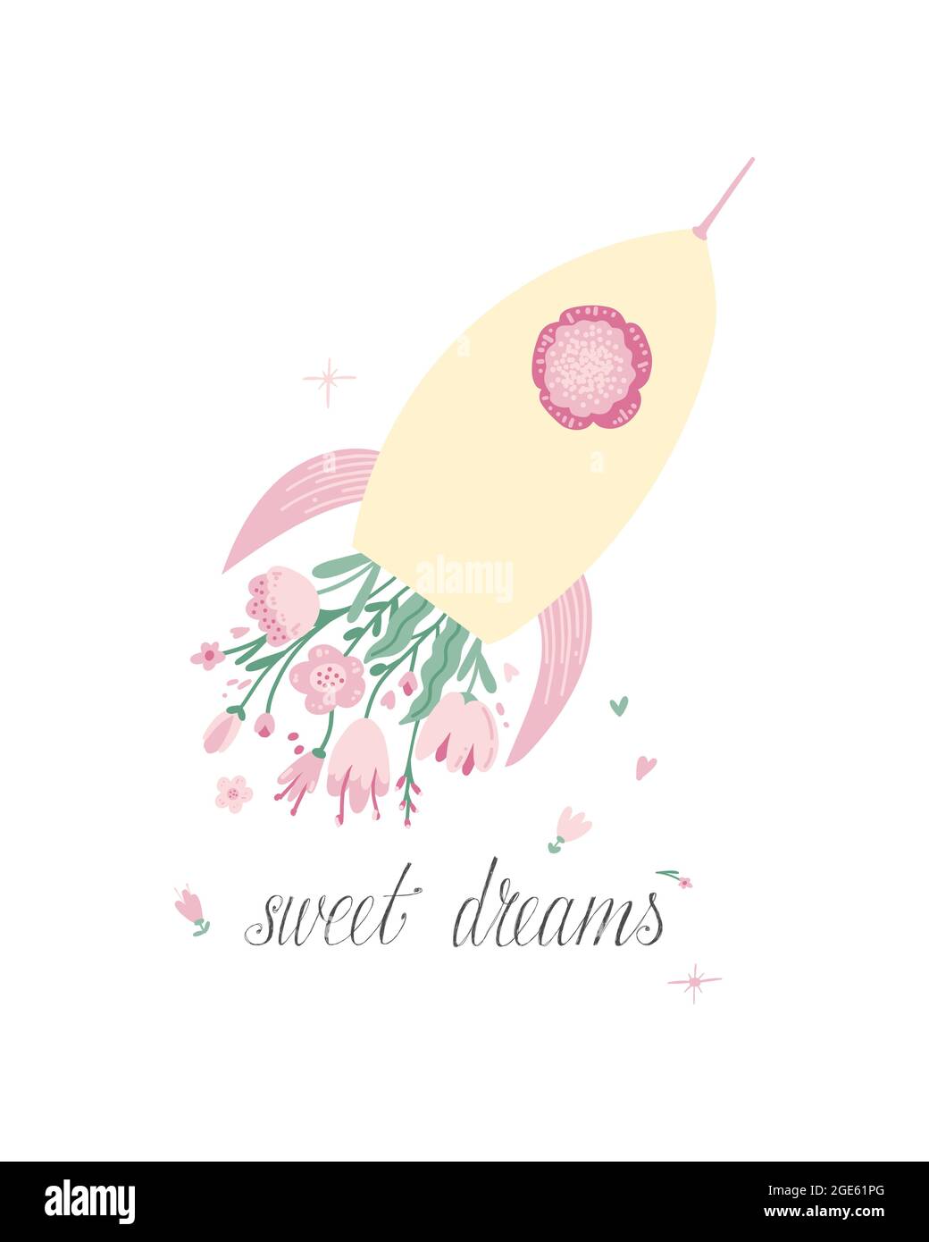 Hand drawn childrens poster. Cute rocket with flowers instead of flames ...