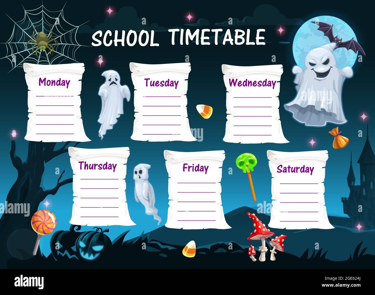 Halloween school timetable with ghosts and holiday treats. Kids study ...