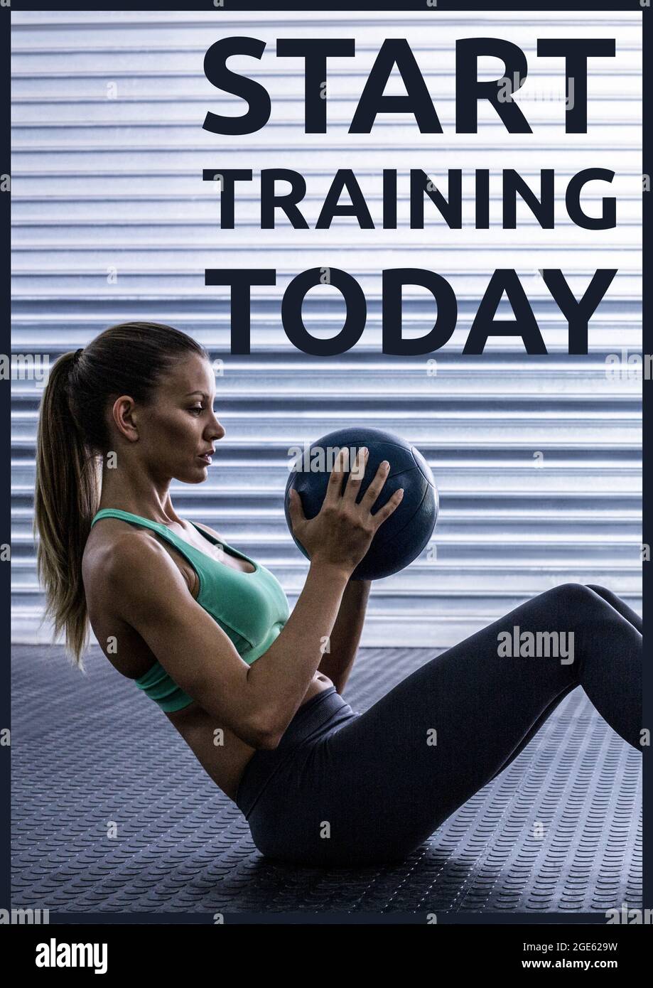 Composition of fitness training text over woman exercising at gym Stock ...