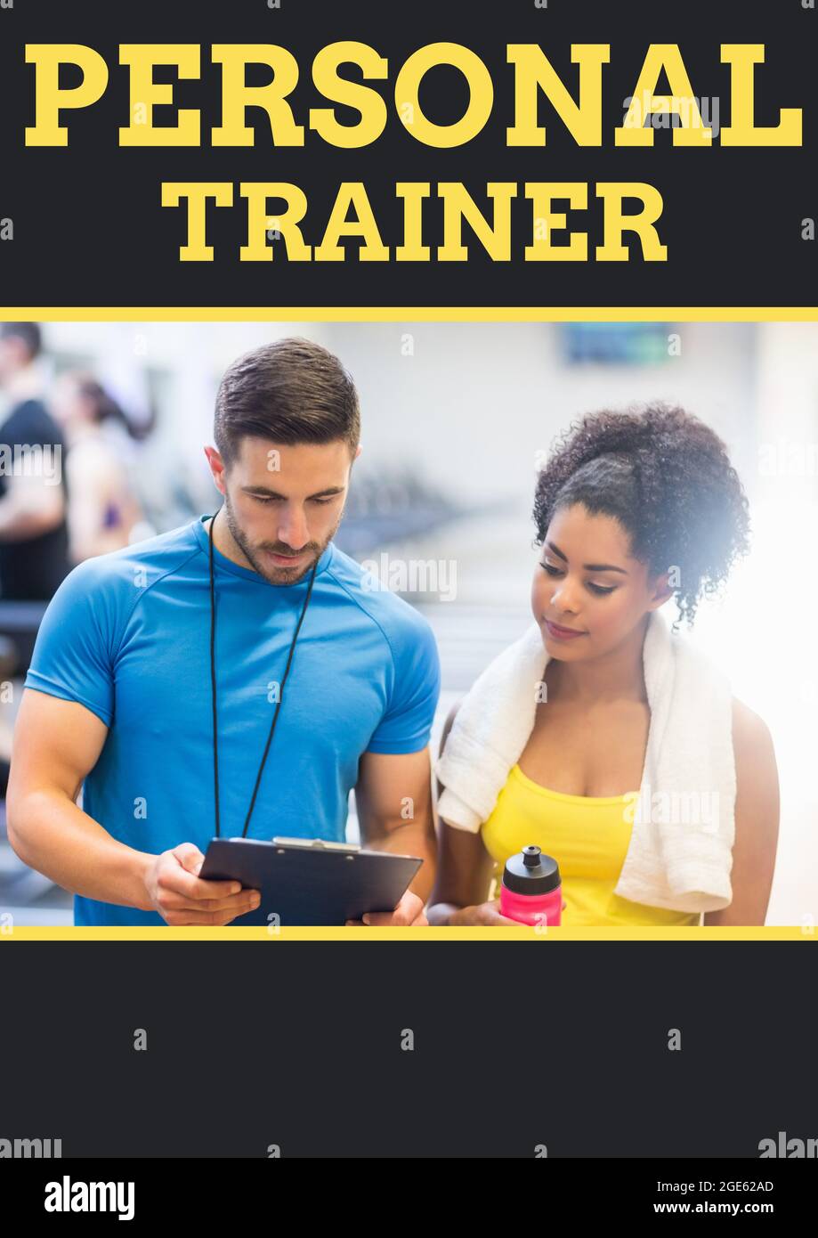 Composition of fitness training text over woman and trainer at gym. gym ...