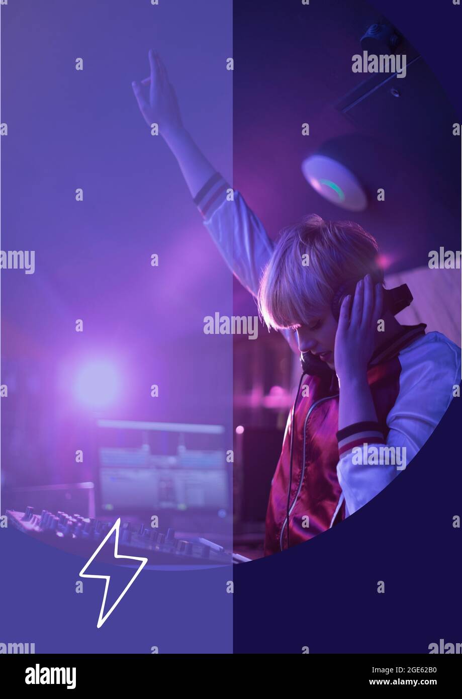 Composition of white lightning icon over female dj Stock Photo - Alamy