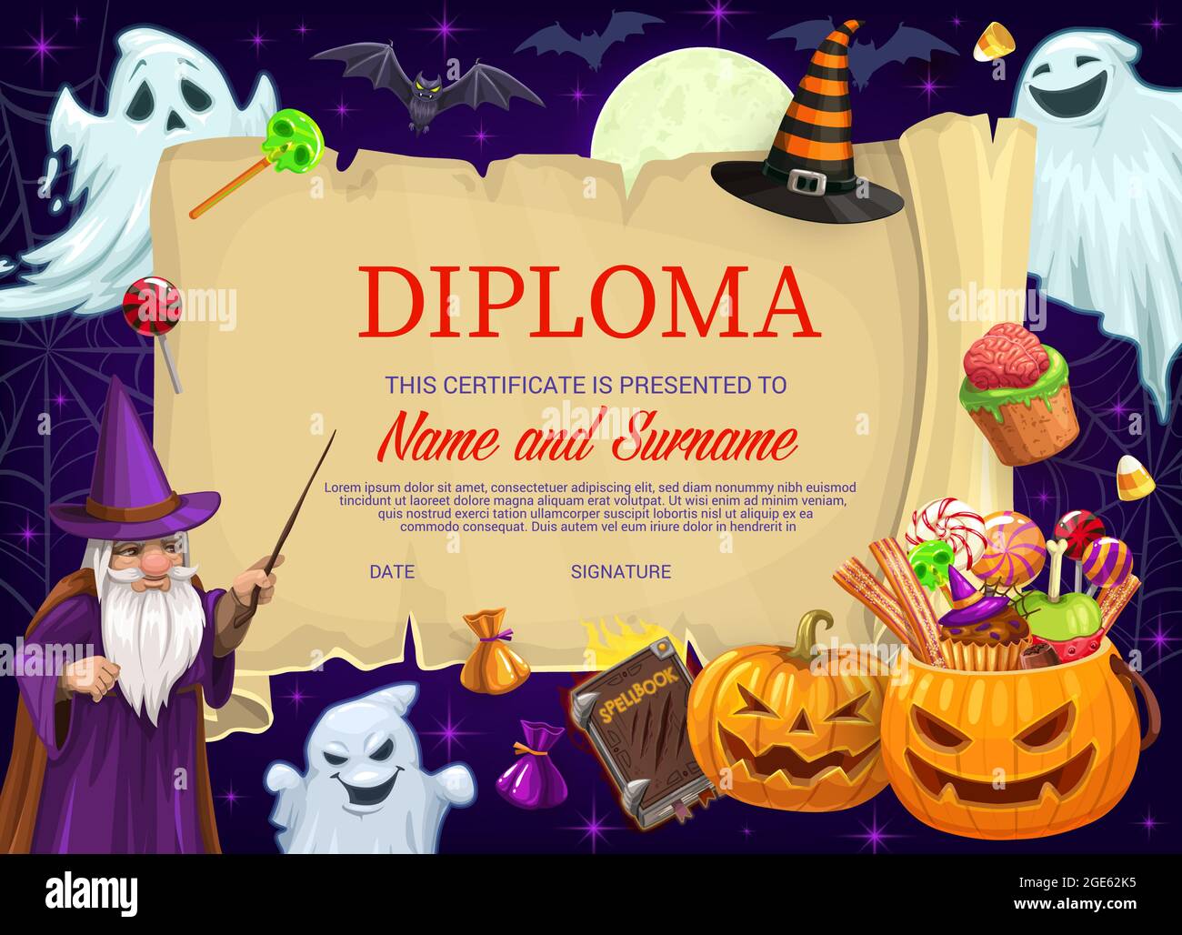 Diploma or certificate of kids education vector template with Halloween ...