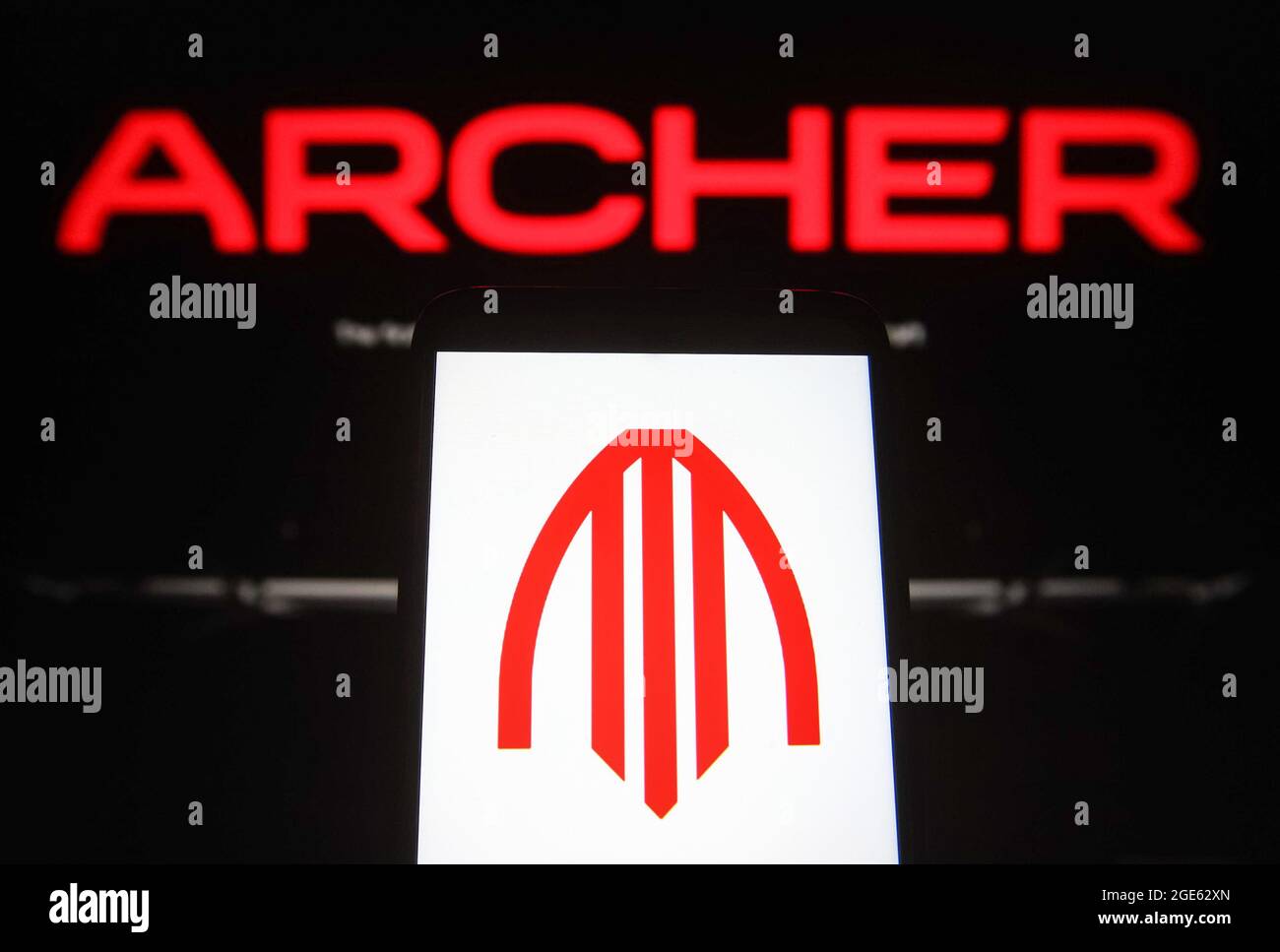 In this photo illustration an Archer Aviation logo of an air taxi maker ... In this photo illustration an Archer Aviation logo of an air taxi maker ...