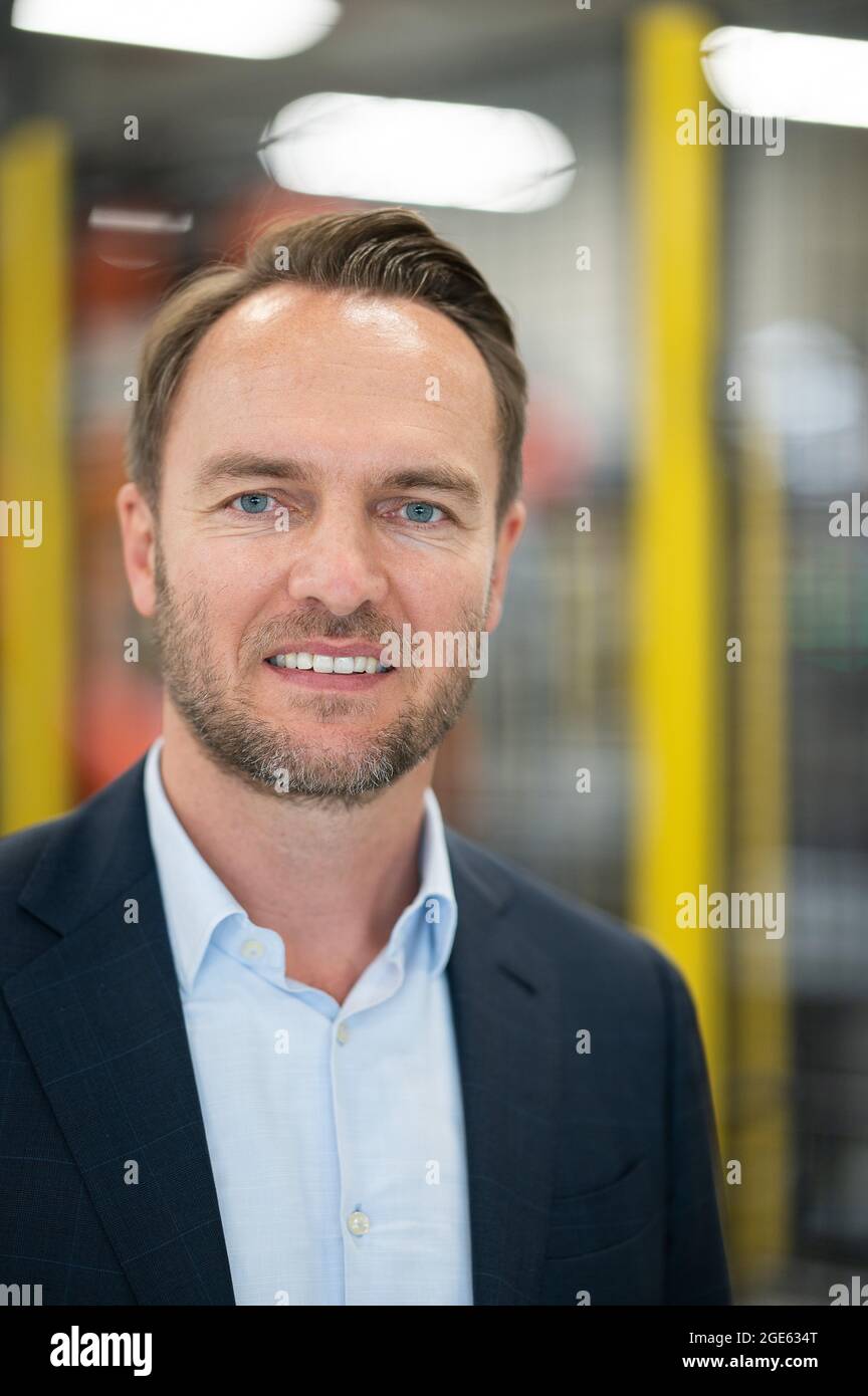 Darmstadt, Germany. 16th Aug, 2021. Sven Schulz, CEO Akasol AG, stands ...