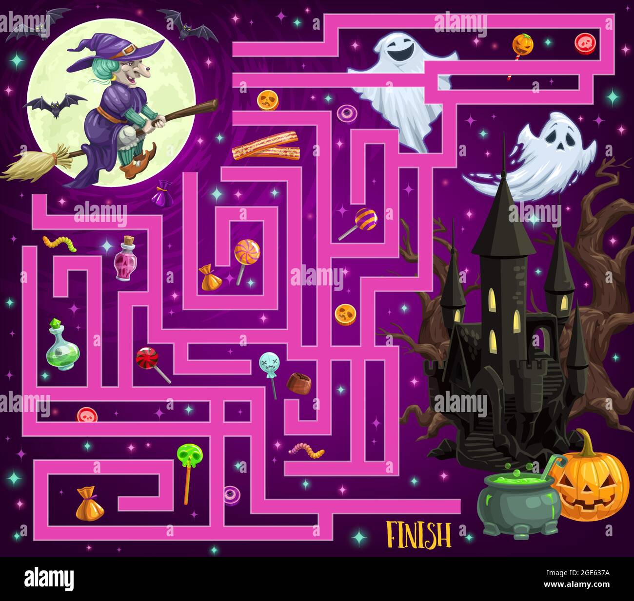 Child find path halloween maze with monsters and candy. Children vector ...