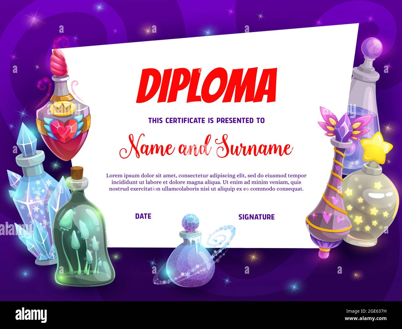 Kids education diploma with magic potions. Child school contest winning ...