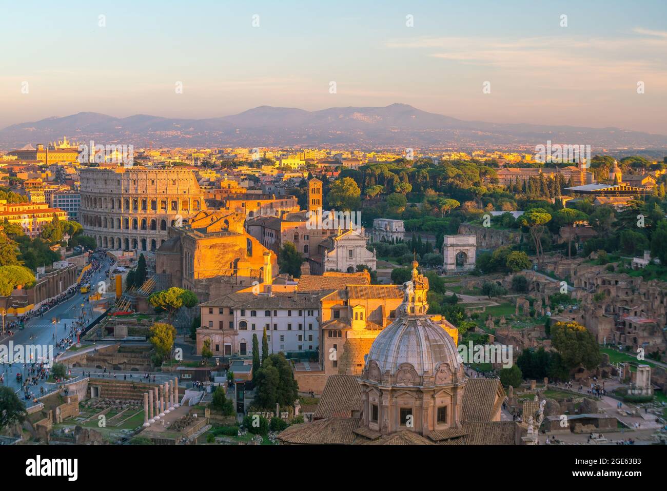 Top view of Rome city skyline with Colosseum and Roman Forum in Italy ...