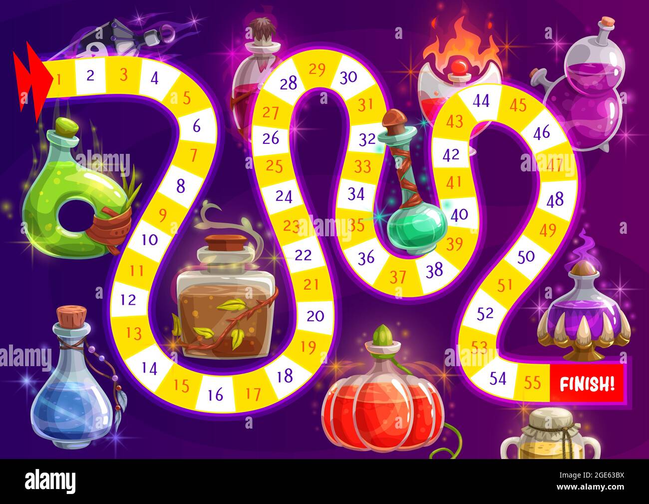 Path board game, puzzle or maze with cartoon vector magic potion ...