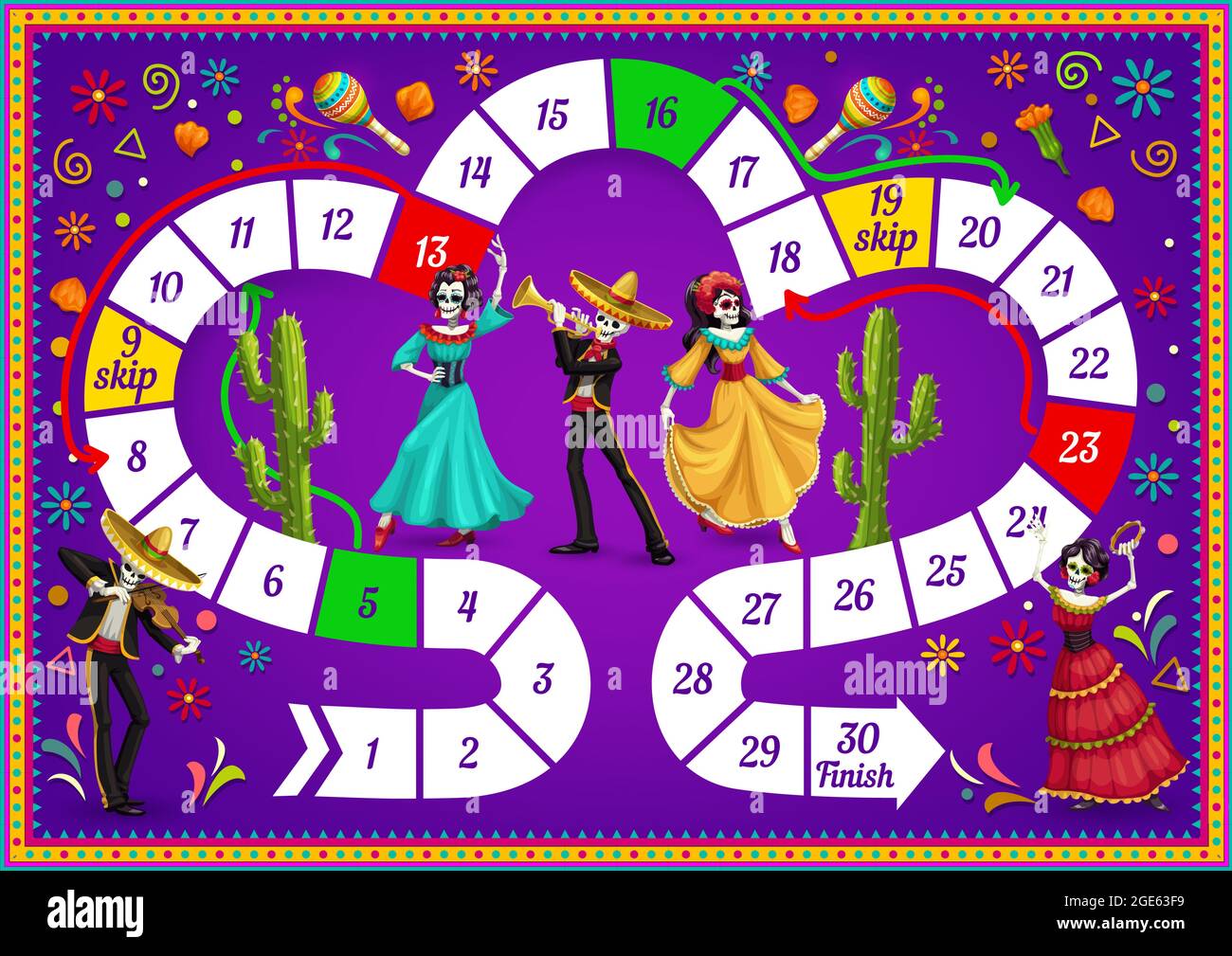 Board game with Dia de los Muertos characters. Vector kids dice game ...