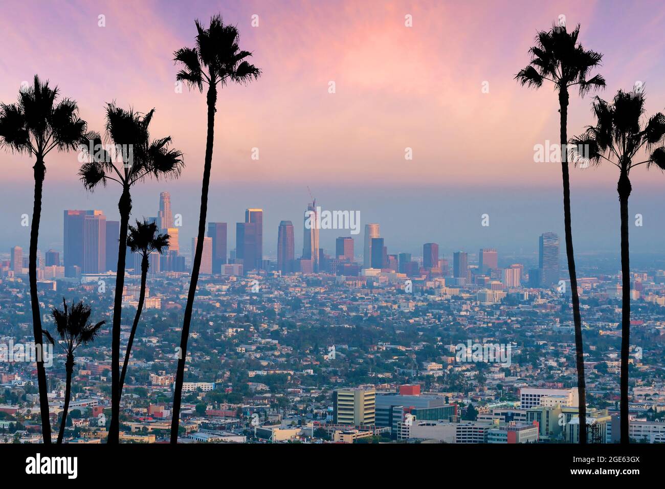 Beautiful sunset of Los Angeles downtown skyline in CA, USA Stock Photo ...