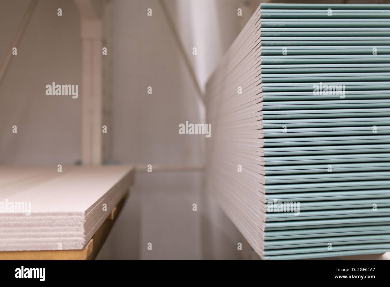 Pallet with Drywall sheets plasterboard in the building warehouse store ...