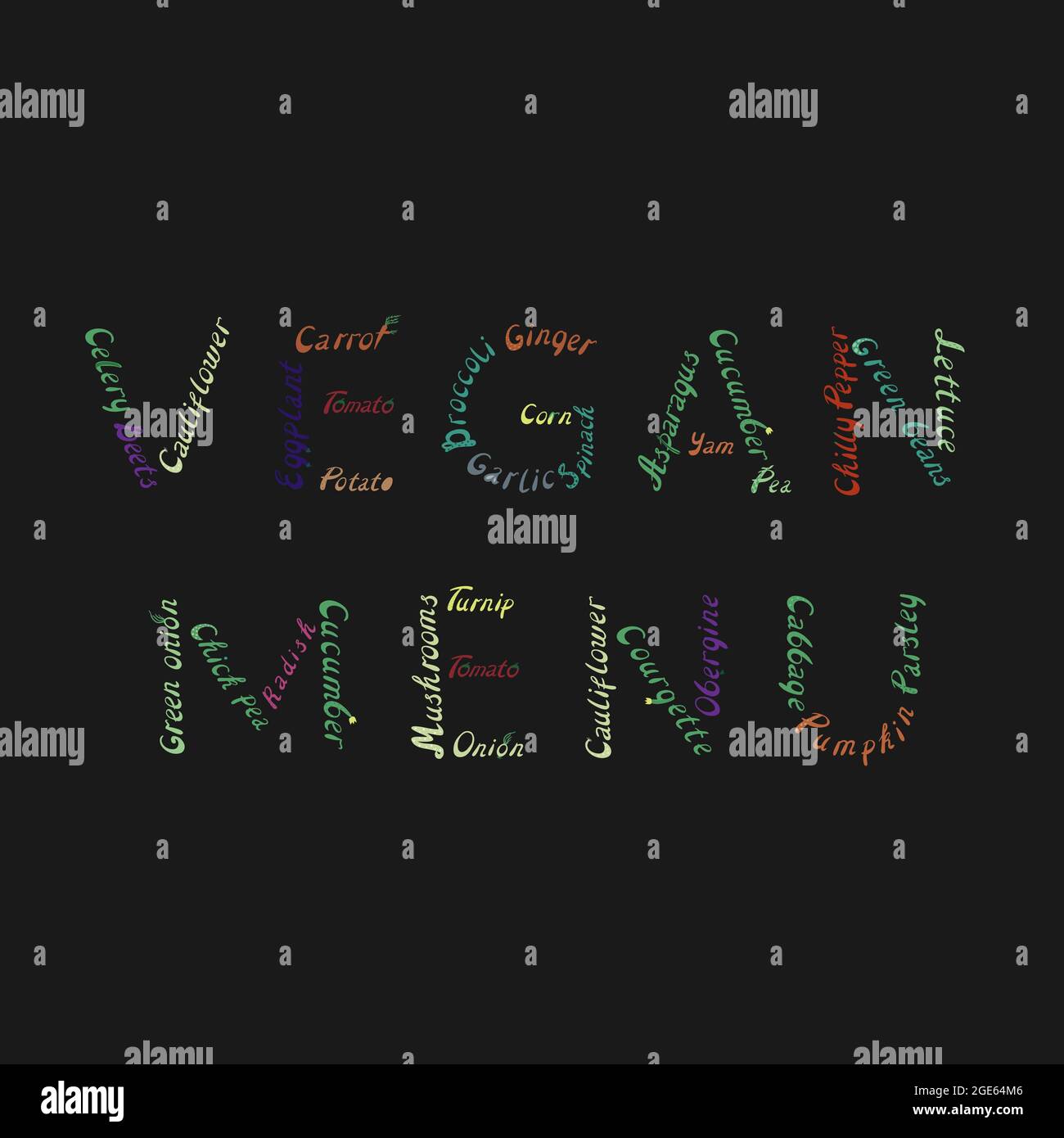 Words Vegan Menu made of colorful stylised lettering names of ...