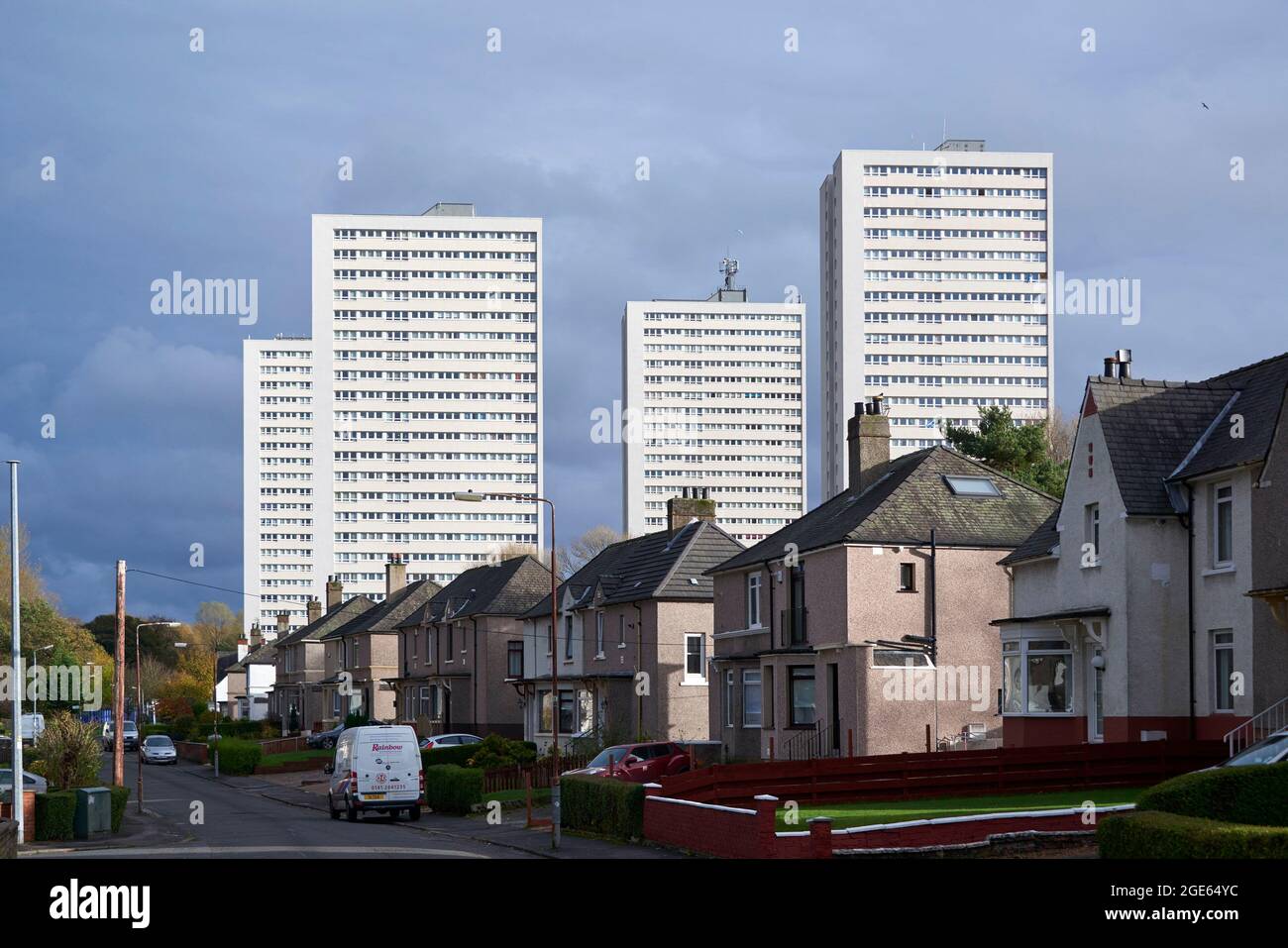 Re-clad high rise tower blocks, Sandyhills, Glasgow, Central Scotland ...