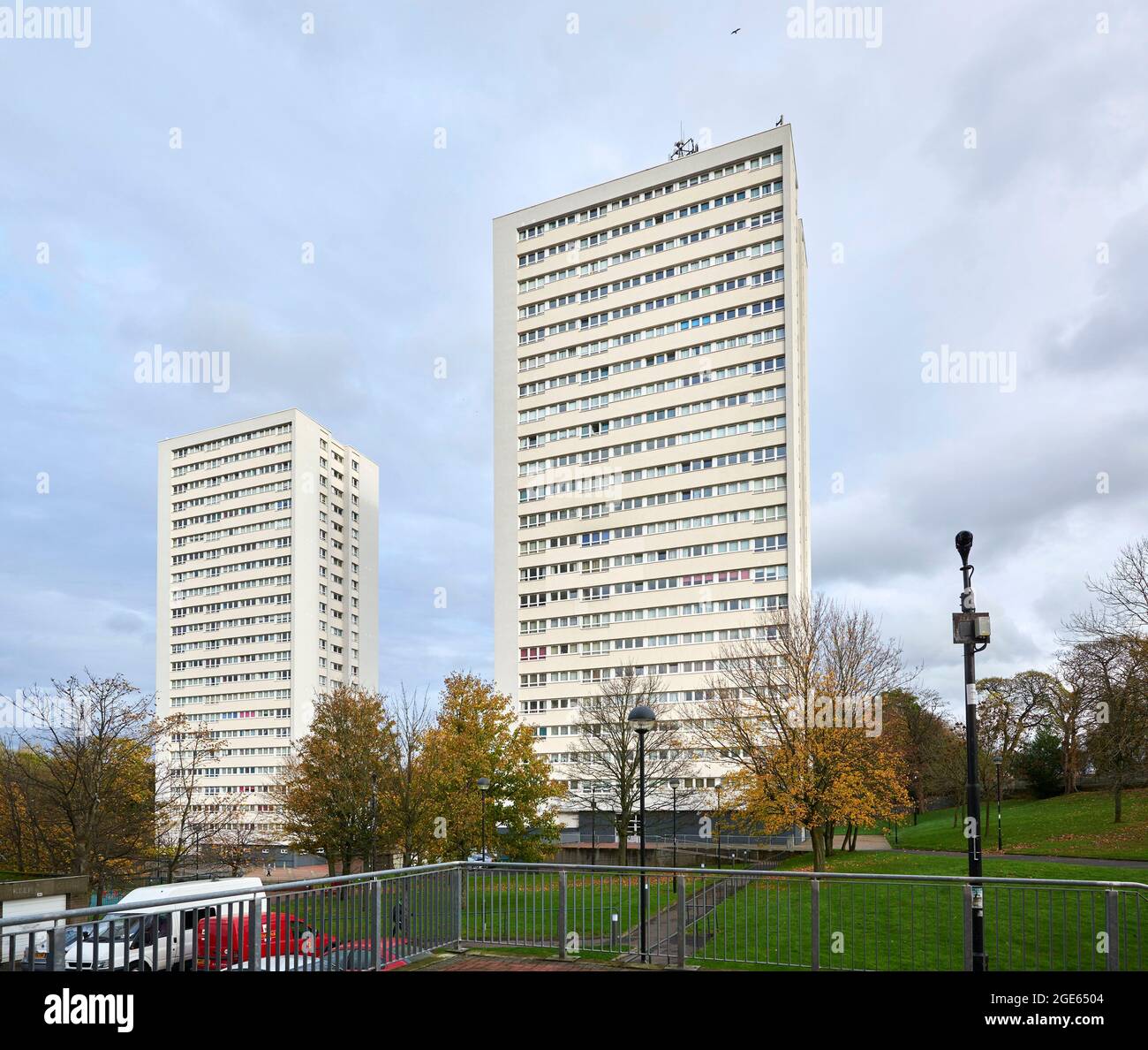Re-clad high rise tower blocks, Sandyhills, Glasgow, Central Scotland ...