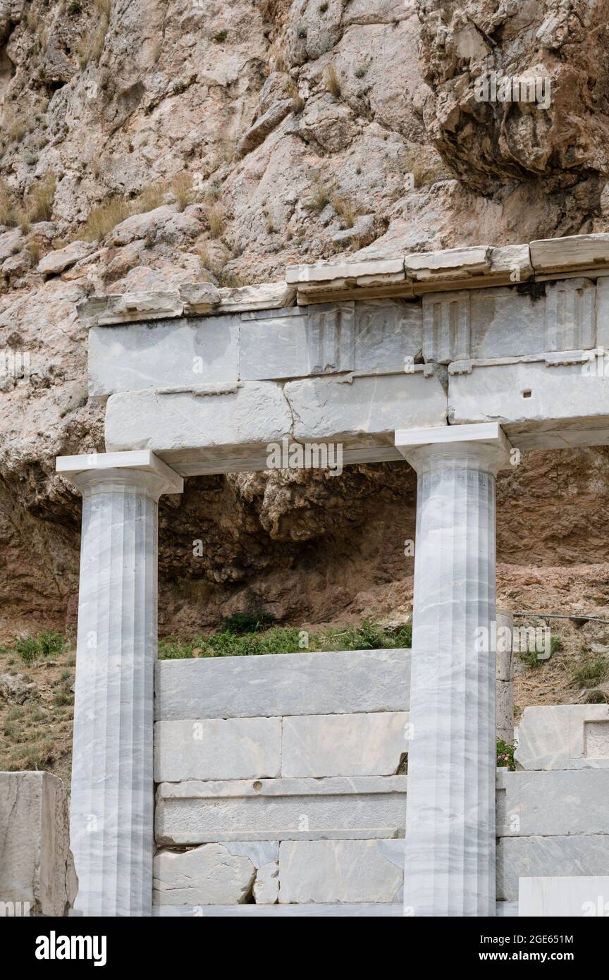 Ruins of ancient greek settlement. Remains of temple. Marble columns ...