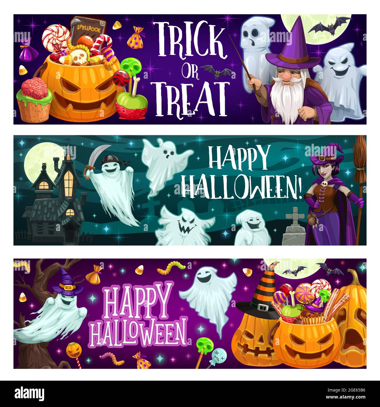 Halloween trick or treat banners with pumpkin, sweets and ghosts. Jack ...