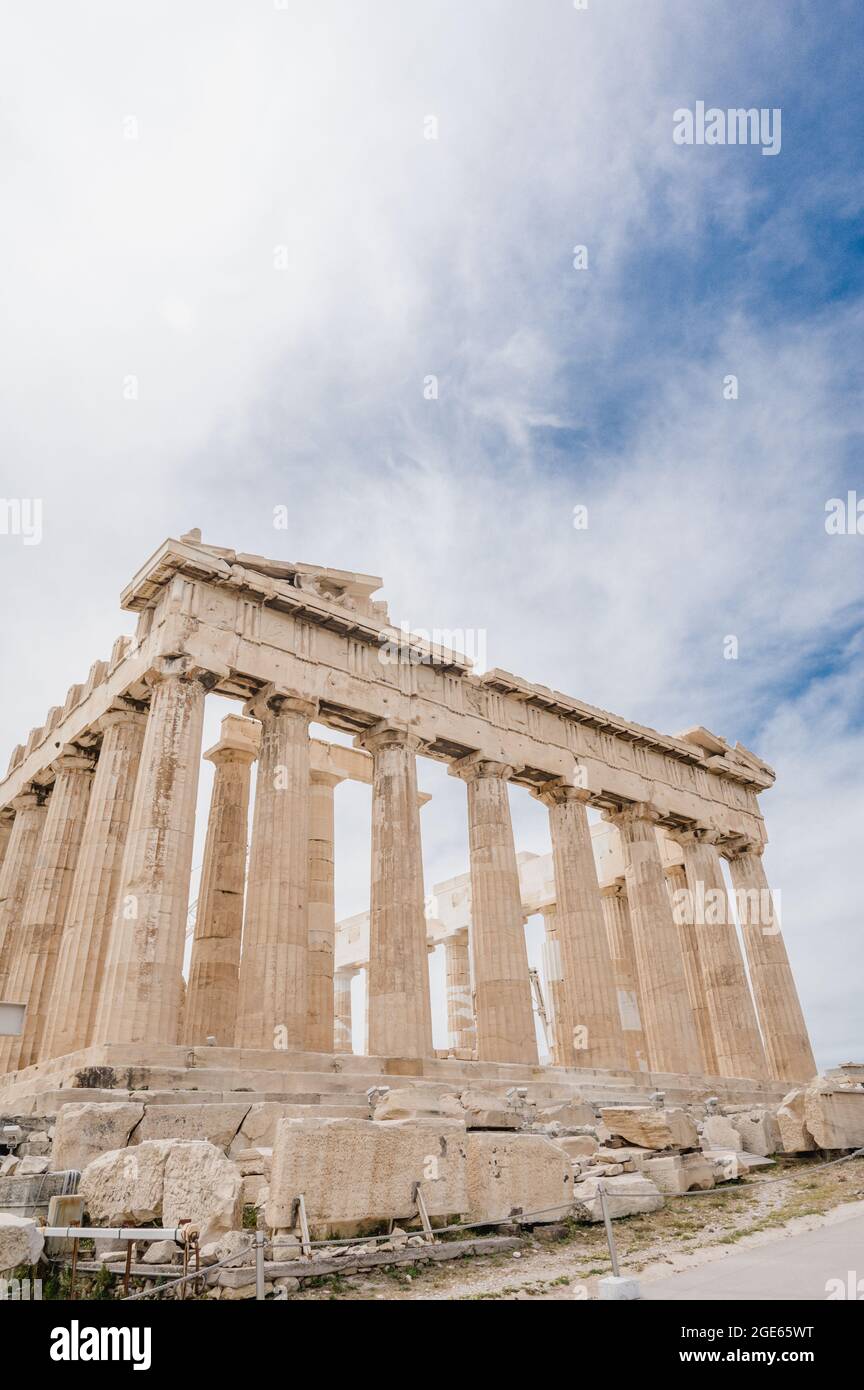 Bottom view of The Parthenon. Acropolis hill in Athens, Greece. Ancient architecture of Europe ...