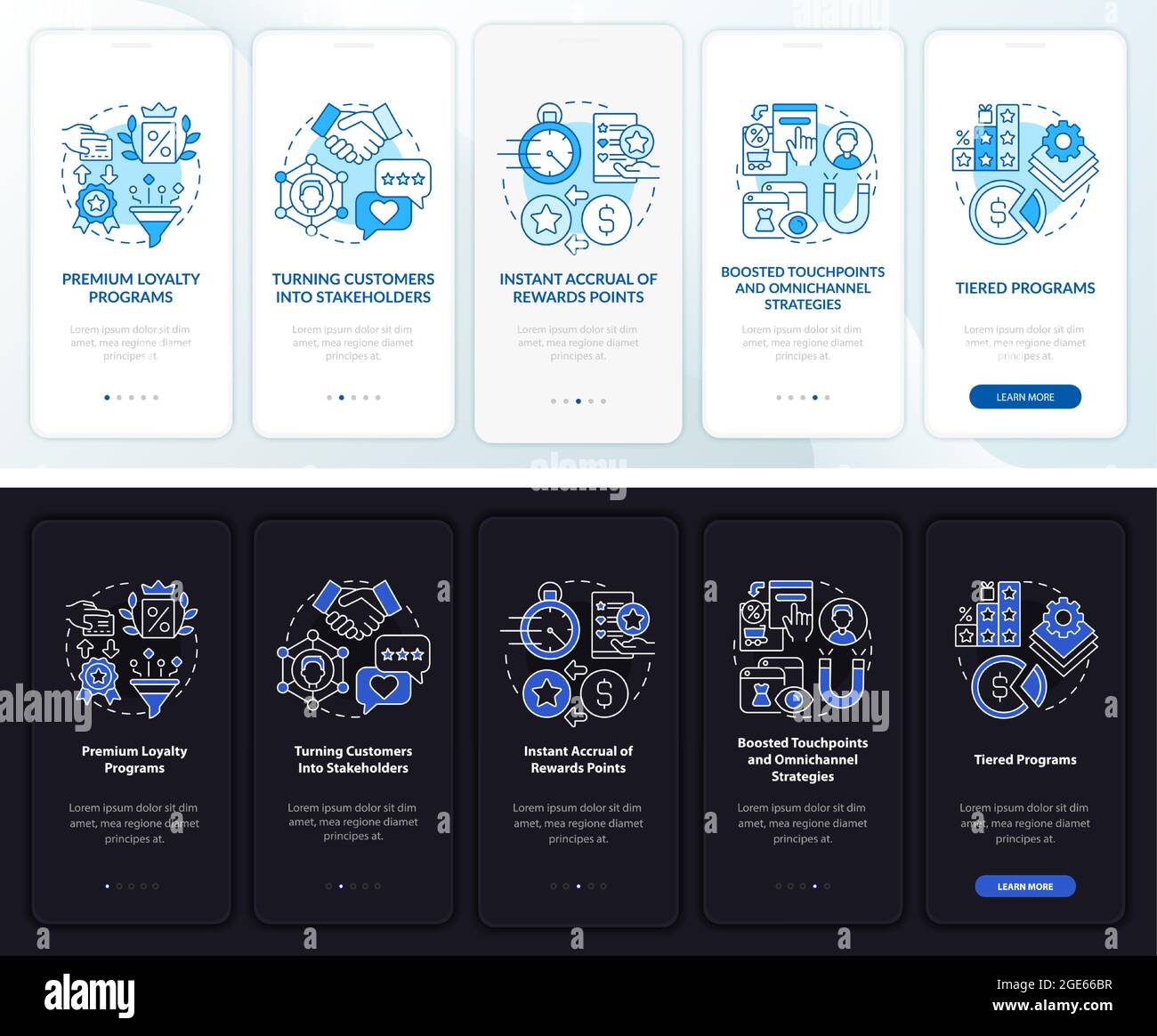 Loyalty system trend dark, light onboarding mobile app page screen ...