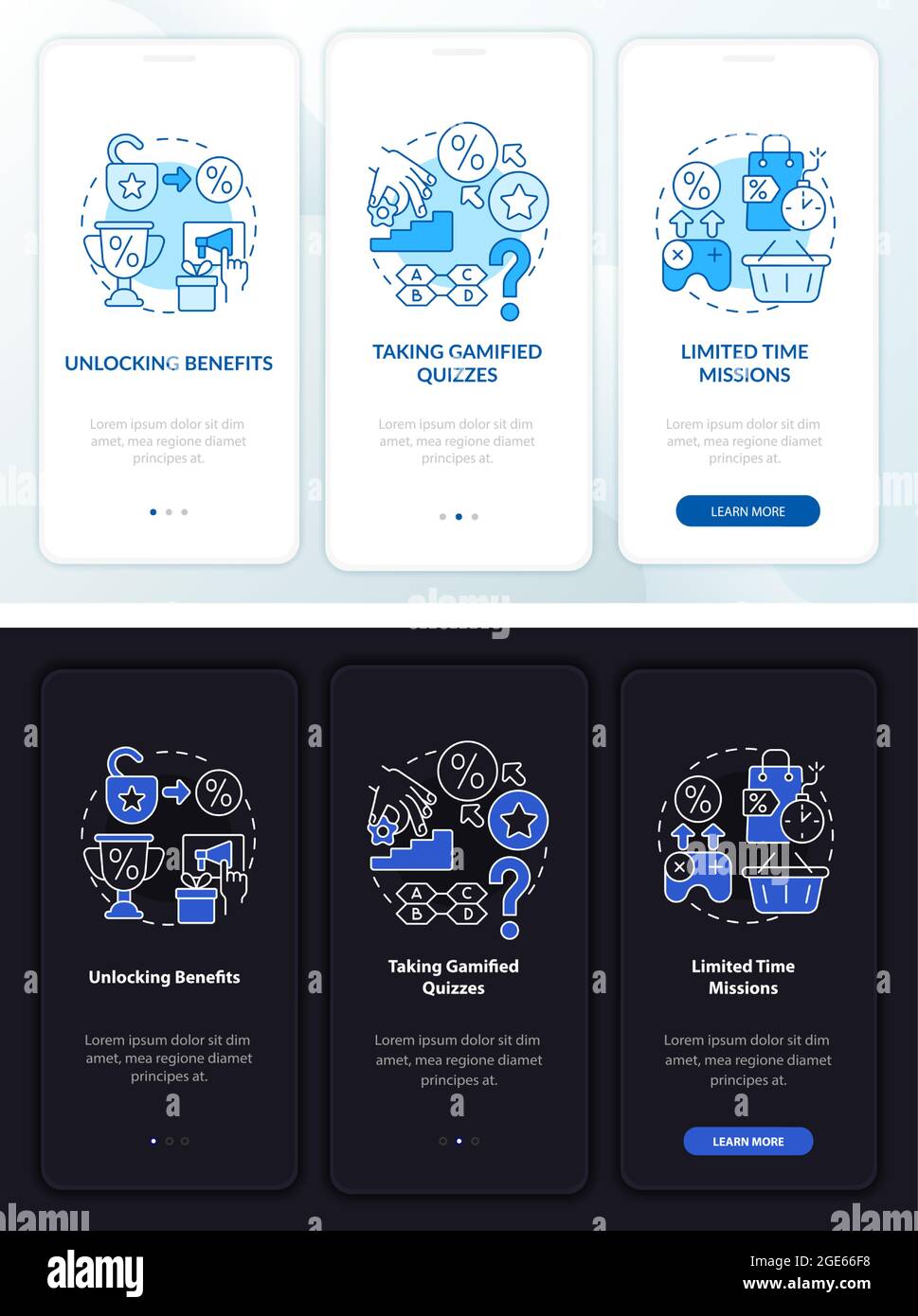 Gamified loyalty programs day, night onboarding mobile app page screen ...
