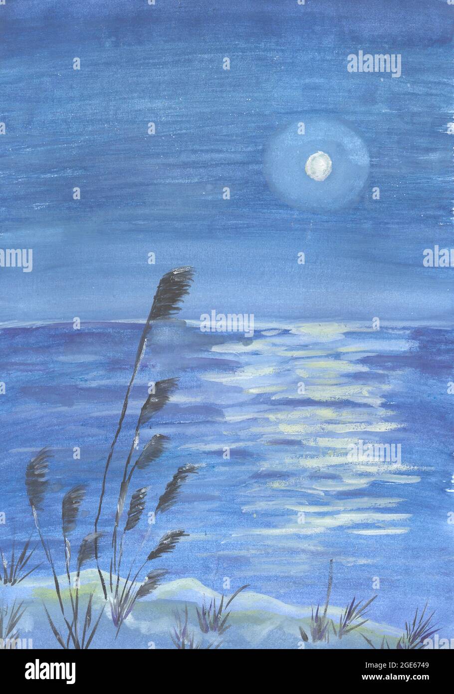 Full moon in the nigth. Water reflection. Hand-drawn on paper real ...