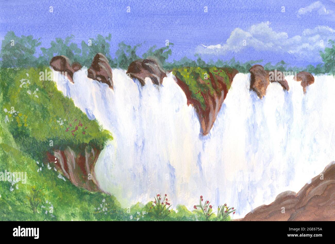 Watercolor landscape with waterfalls between green colours. Spectacular ...