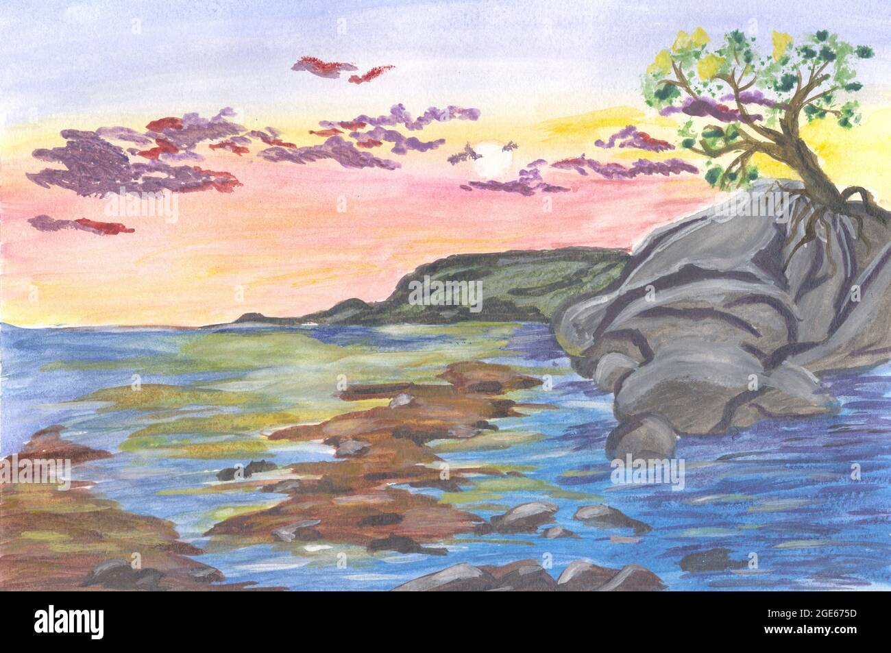 Watercolor landscape. Majestic tree grew crevices cracked rocks above ...