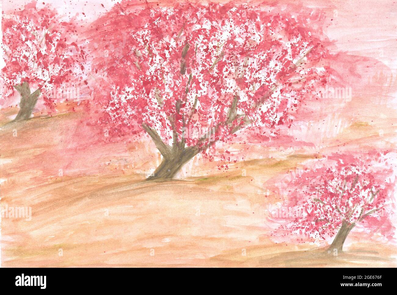 Watercolor landscape illustration. Beautiful Pink Blossom Trees in ...