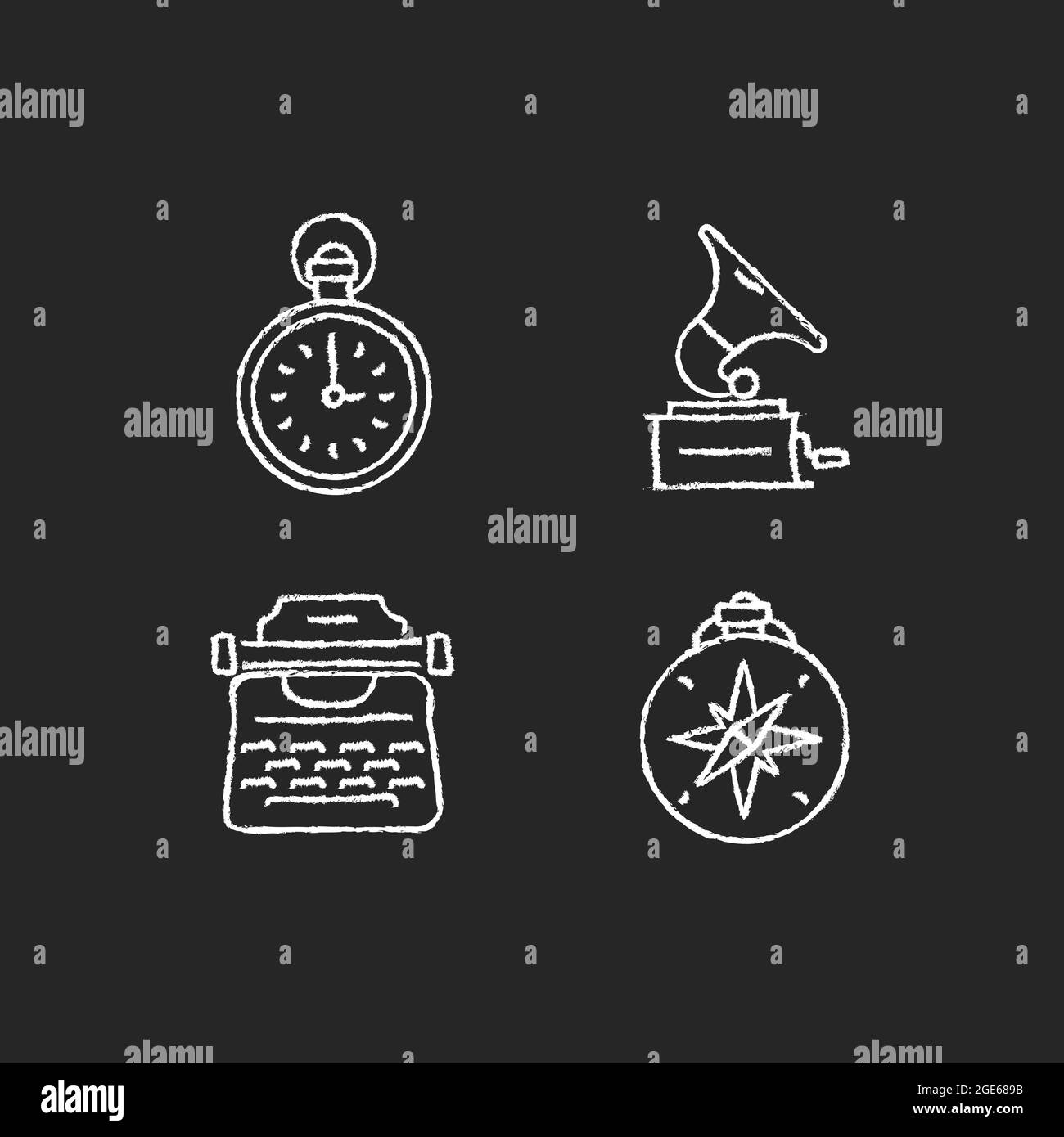 Old-fashioned items chalk white icons set on dark background Stock ...