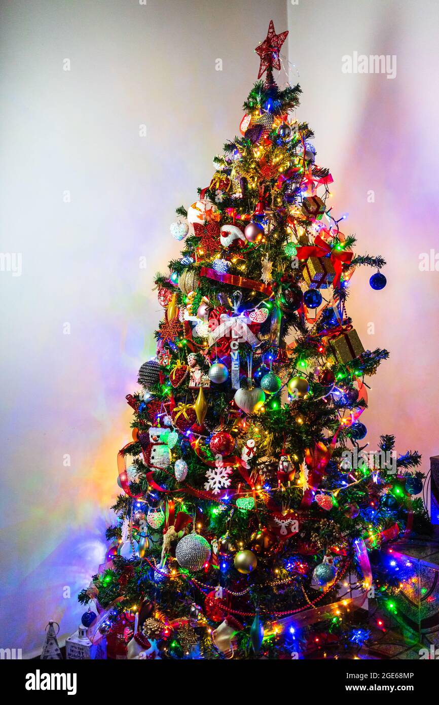 Beautiful Christmas tree with lights and decorations Stock Photo - Alamy