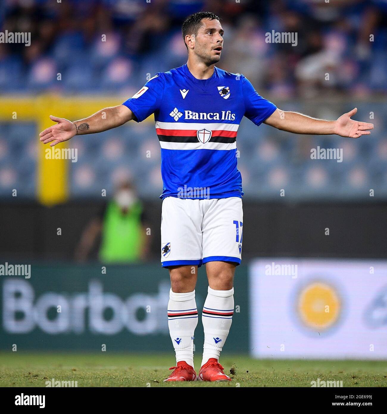 Genoa, Italy. 16 August 2021. Gianluca Caprari of UC Sampdoria reacts ...