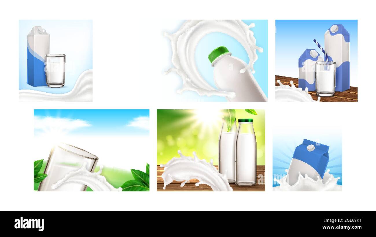 Milk Packages Creative Promo Posters Set Vector Stock Vector Image ...