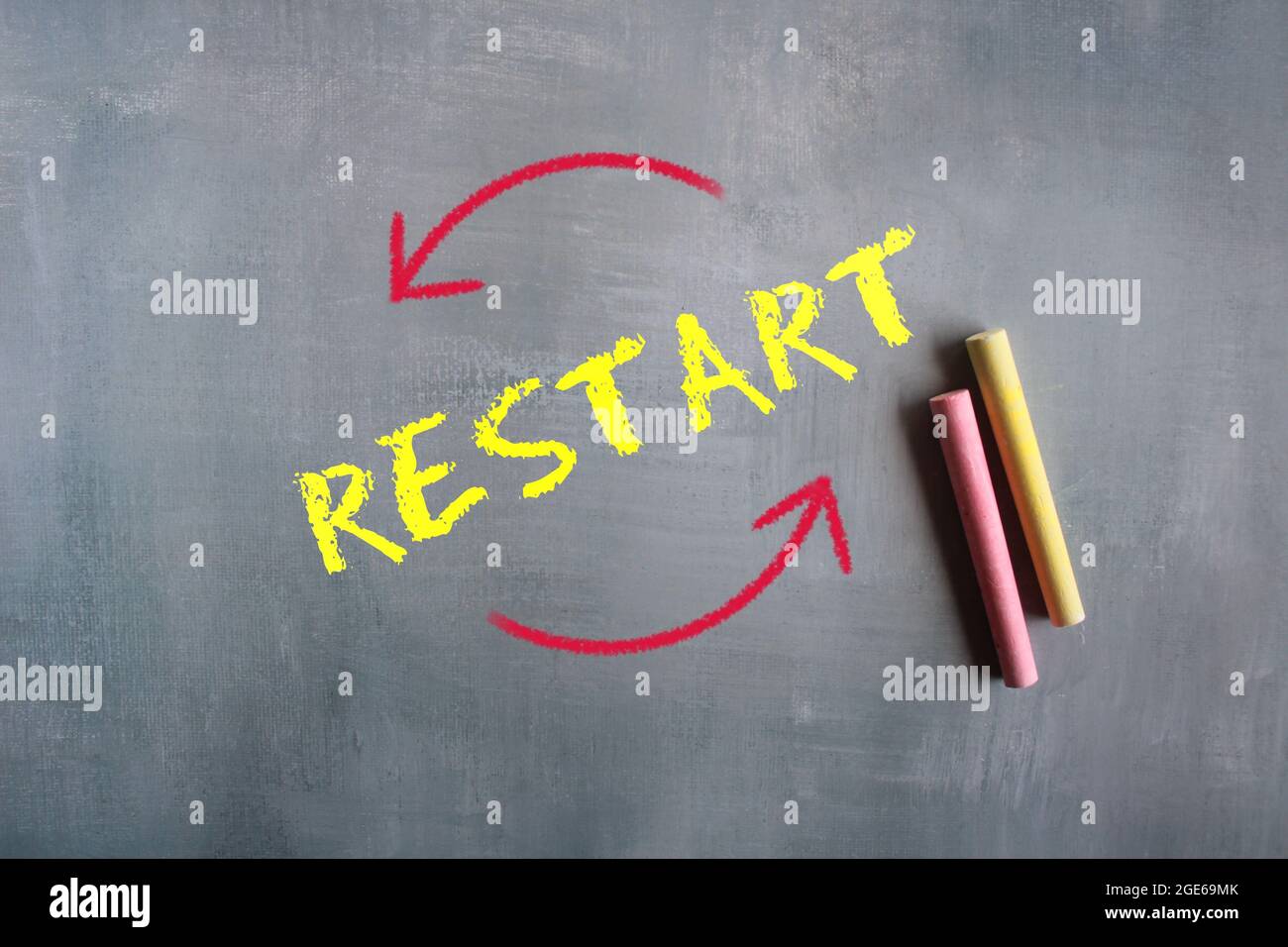 Chalkboard and text RESTART on concrete floor Stock Photo - Alamy