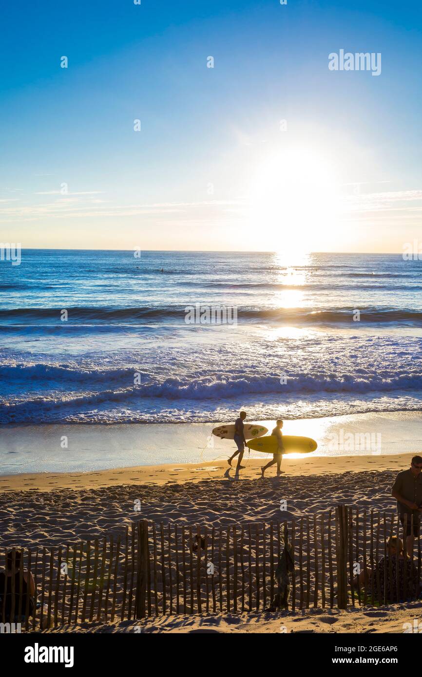 Arcachon (south western France): two surfers with their surfboard on ...