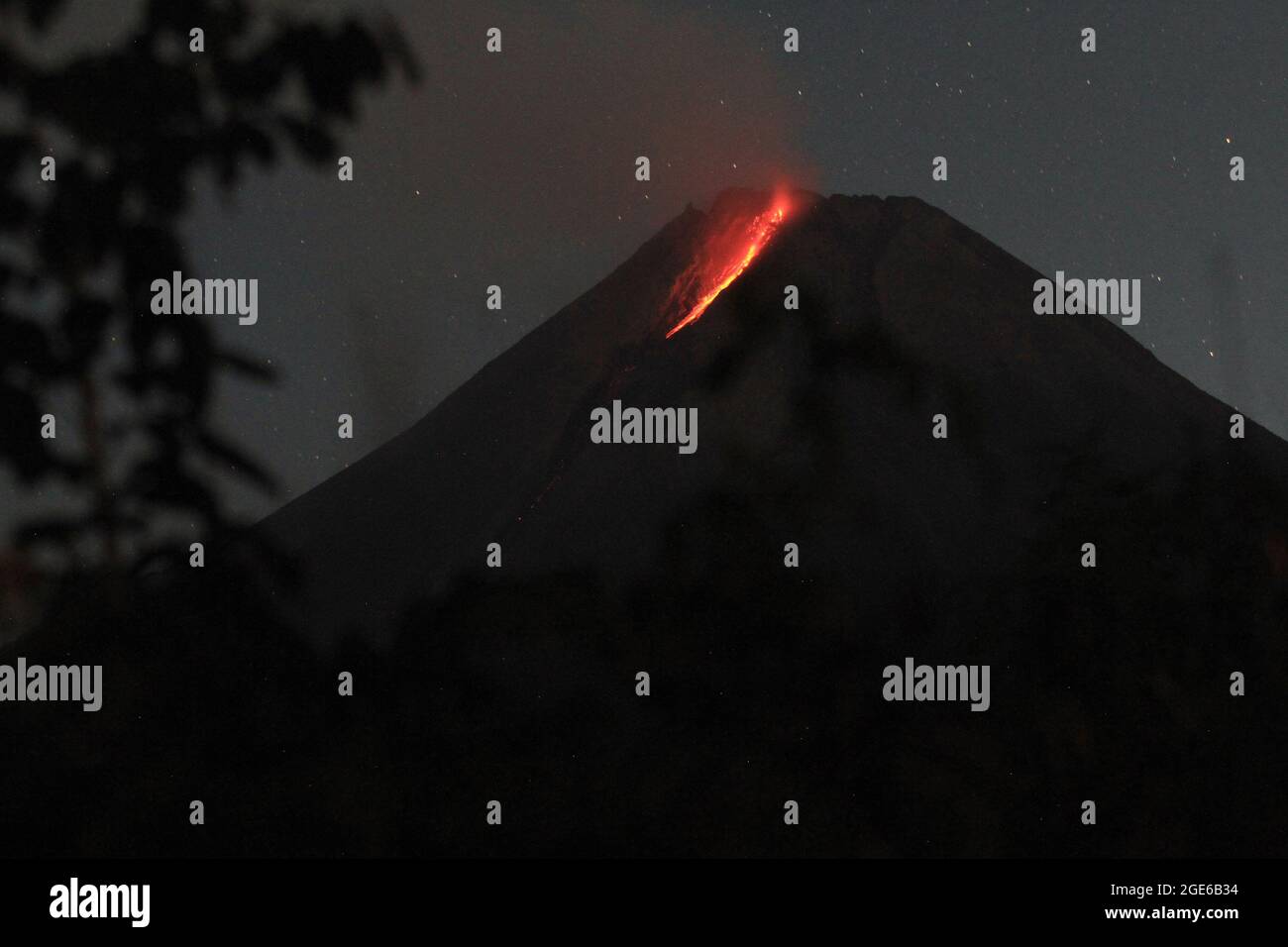 Yogyakarta, Indonesia. 17th Aug, 2021. Indonesias most active volcano, Mount Merapi emits lava ...