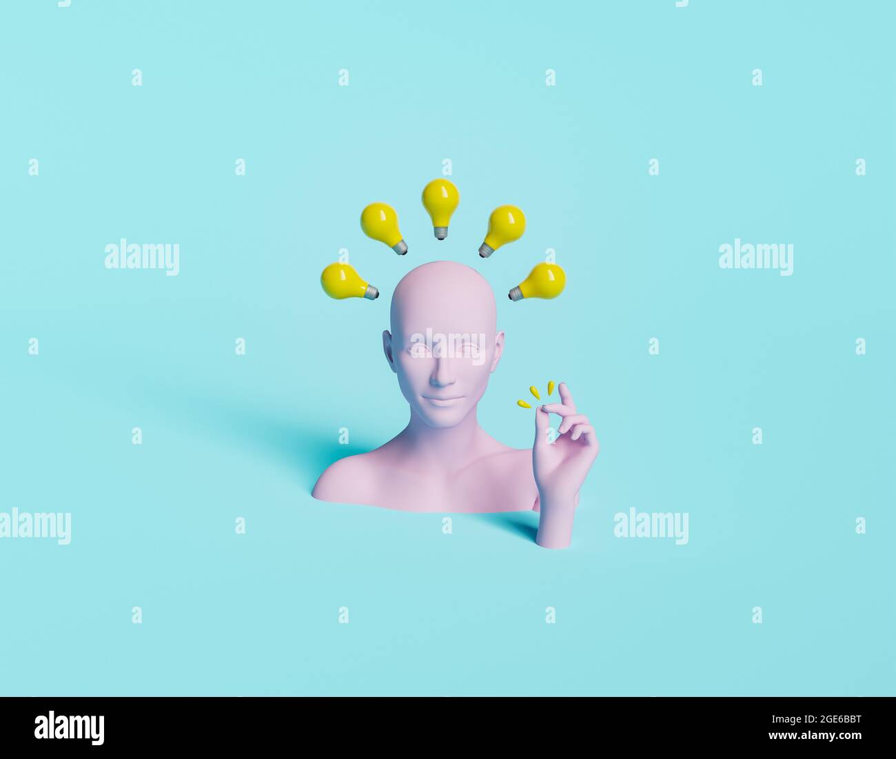 female bust with light bulbs floating above her head and snapping her ...