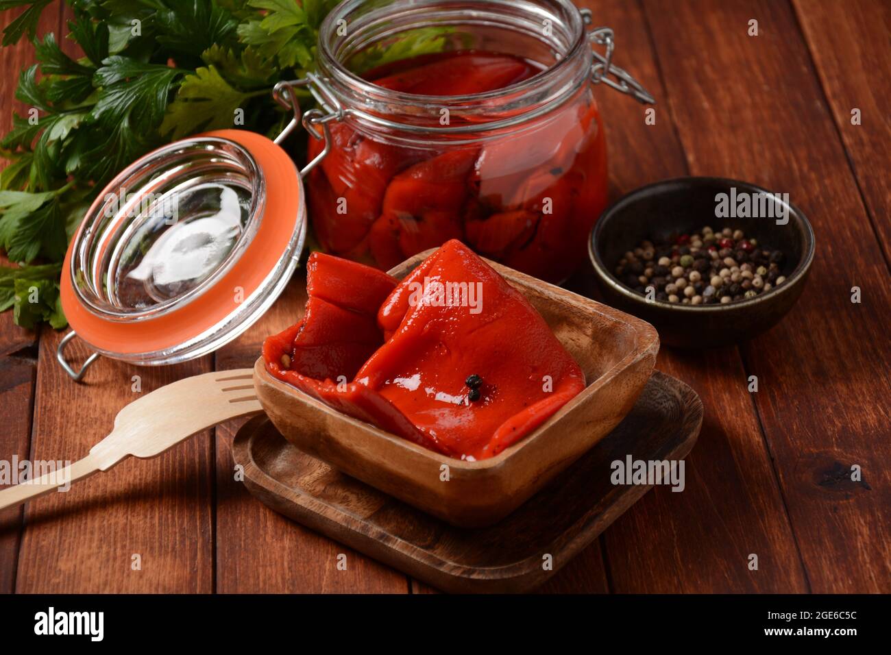 Delicious sweet red pepper pickles. Preserved, marinated red sweet ...