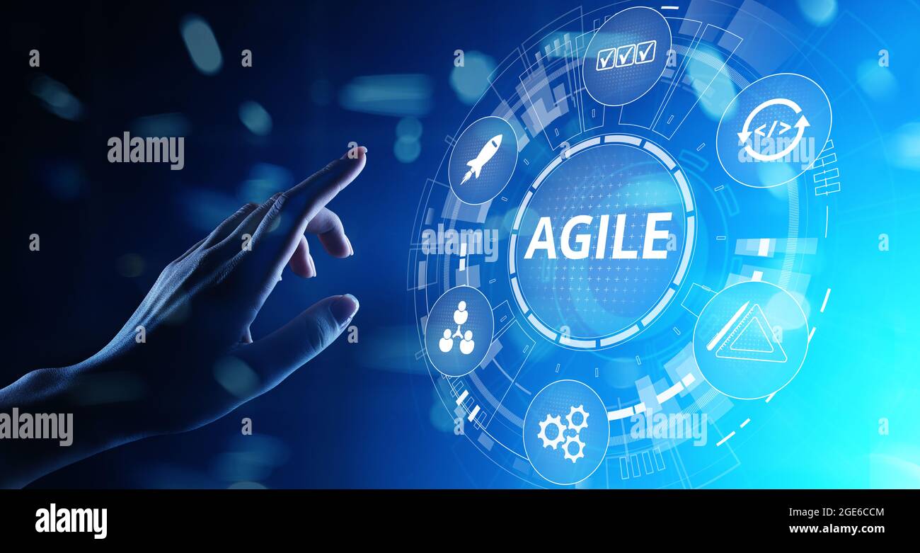 Agile development methodology concept on virtual screen. Technology ...