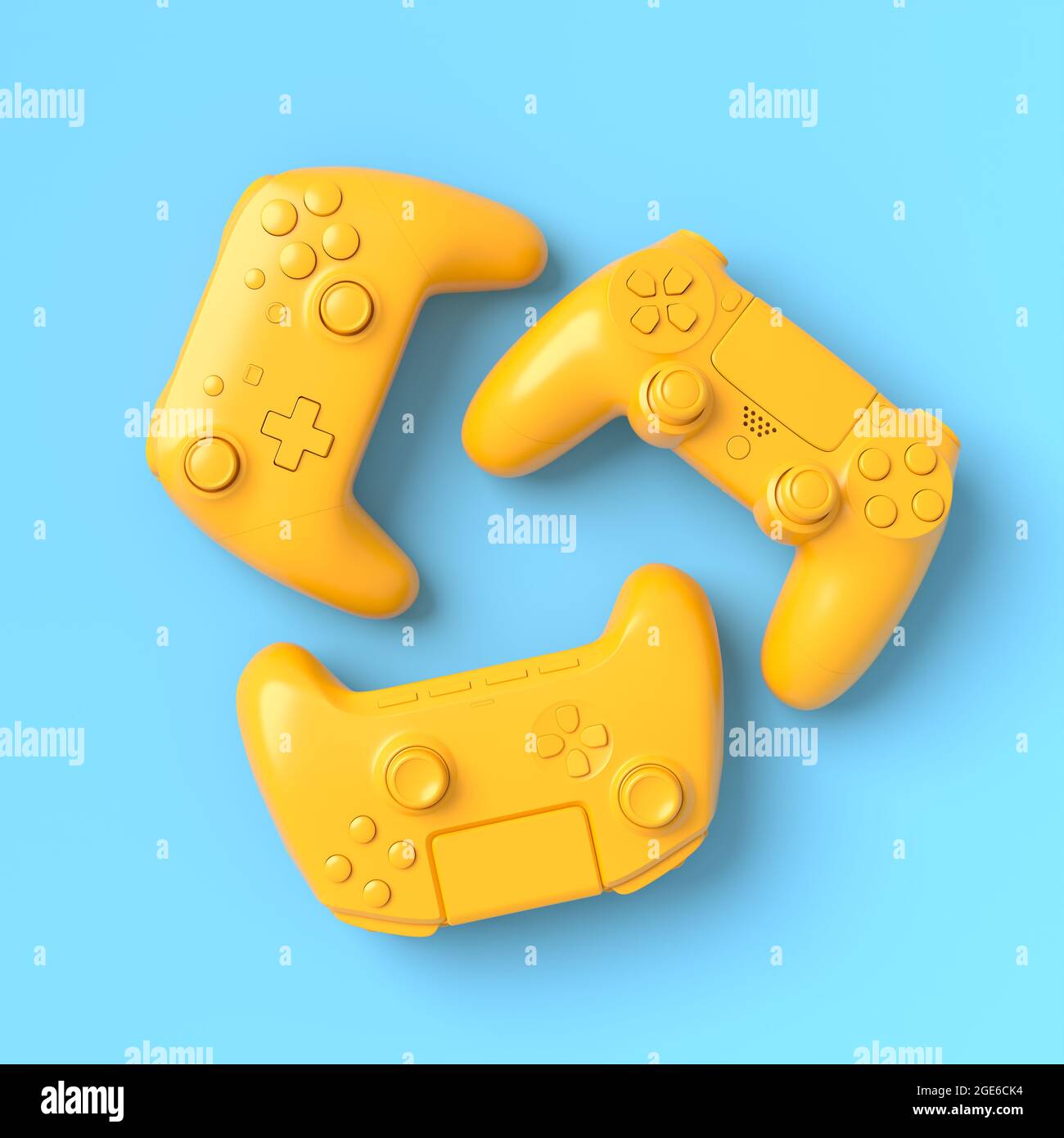 Set of lying monochrome gamer joysticks or gamepads on blue and yellow ...