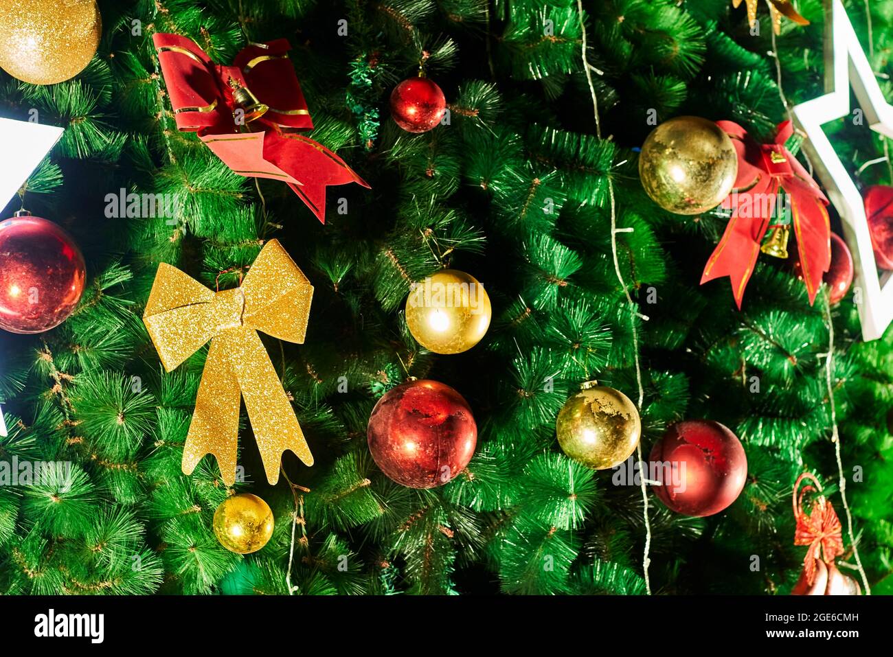 Festive Christmas tree background with decorations. Merry Christmas ...