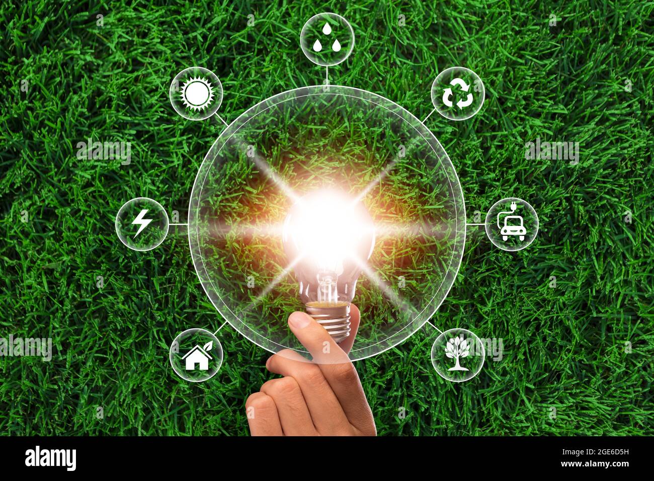 Eco, environmental protection, tech and recycling. Hand holds light ...