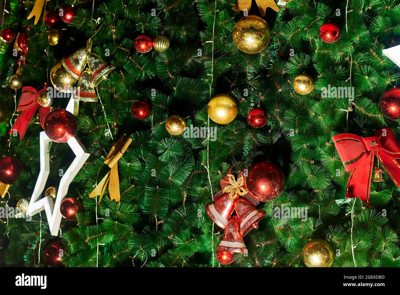 Festive Christmas tree background with decorations. Merry Christmas ...