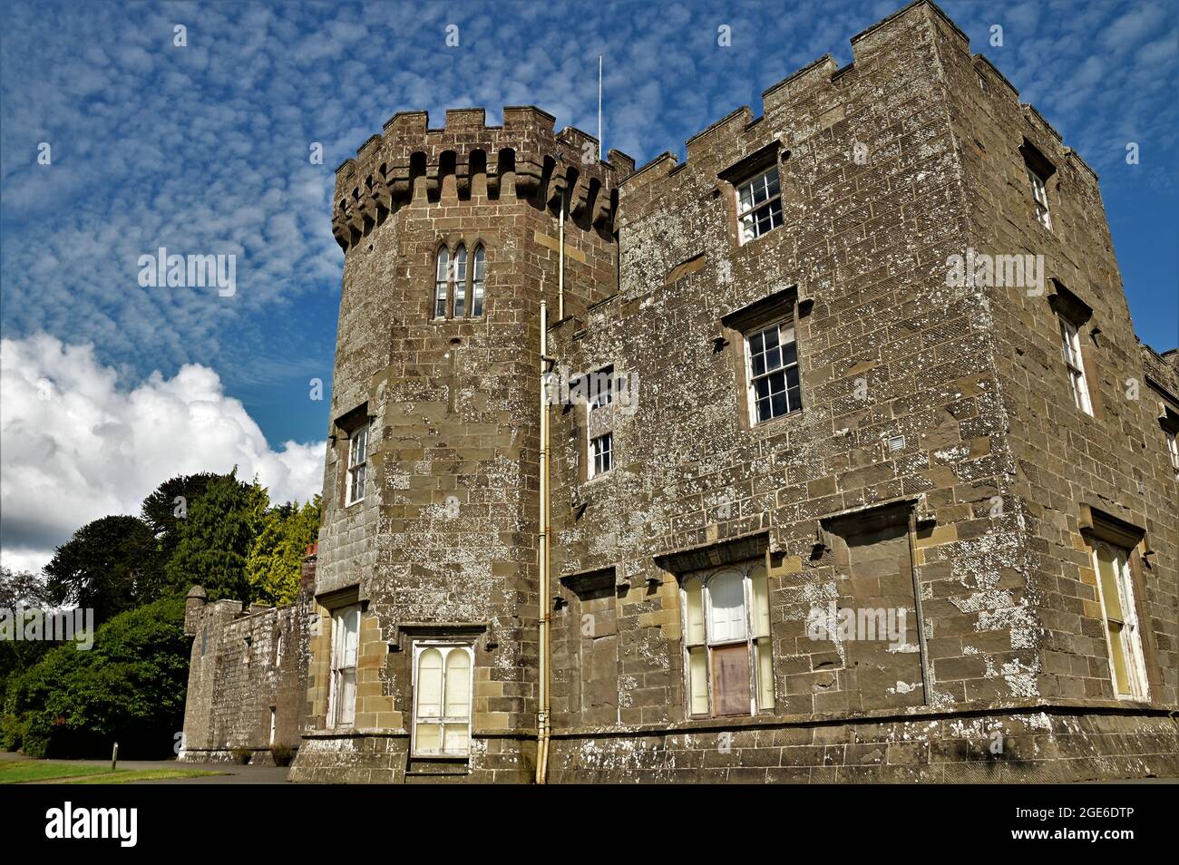 An exterior view of the architectural detail of Balloch Castle in ...