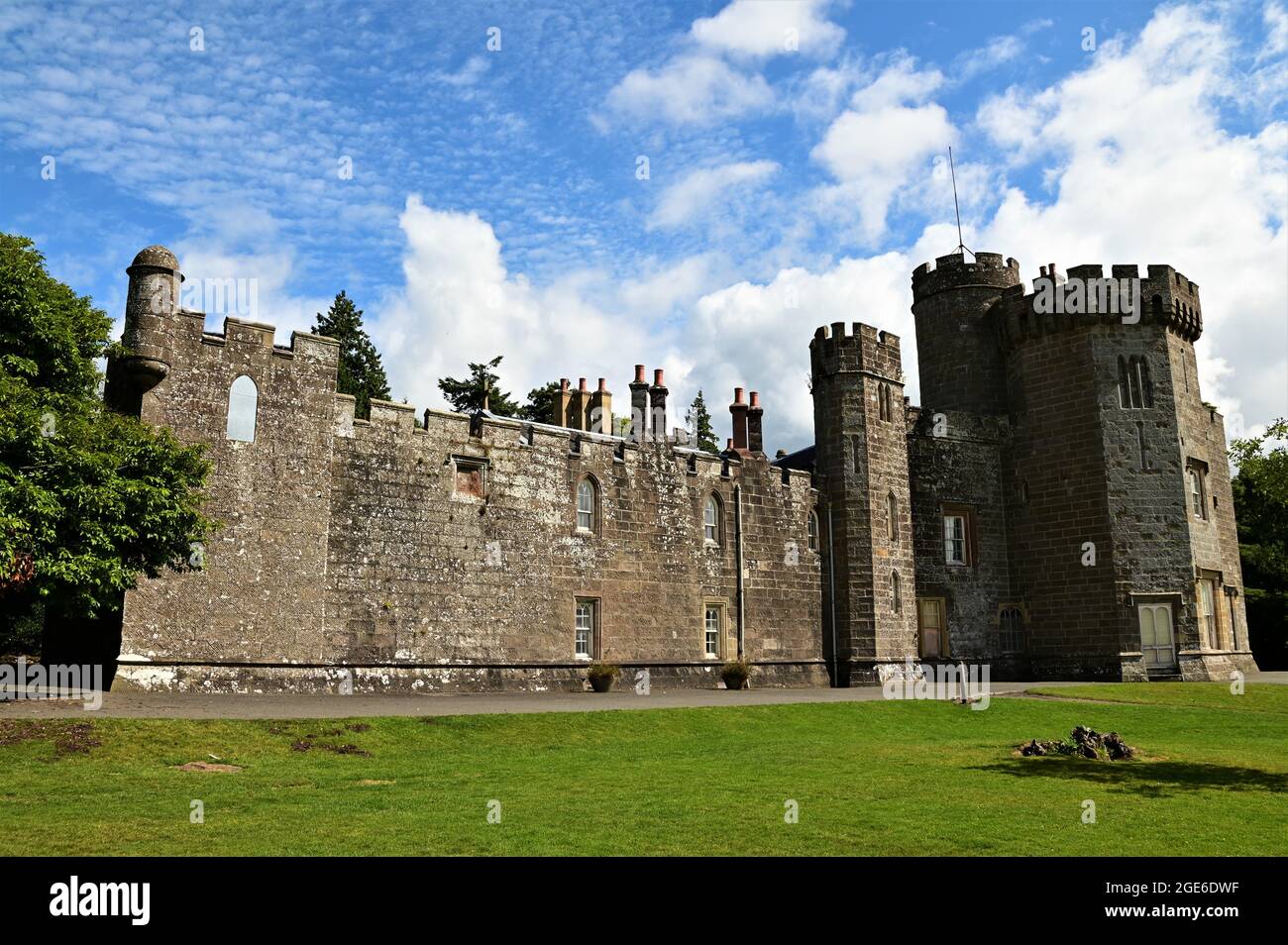 An exterior view of the architectural detail of Balloch Castle in ...