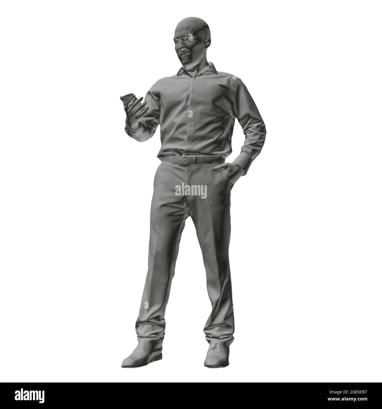 Male model looking into his phone in hand isolated on white background ...