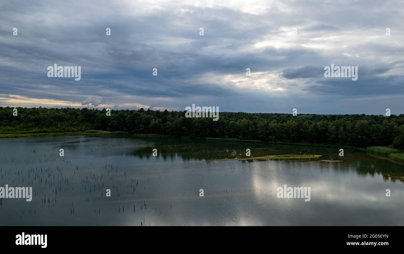 Aerial photo taken with a drone of a dark ominous grey storm clouds ...