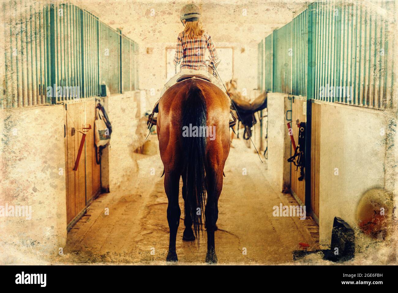 girl riding a horse in a stable Stock Photo - Alamy