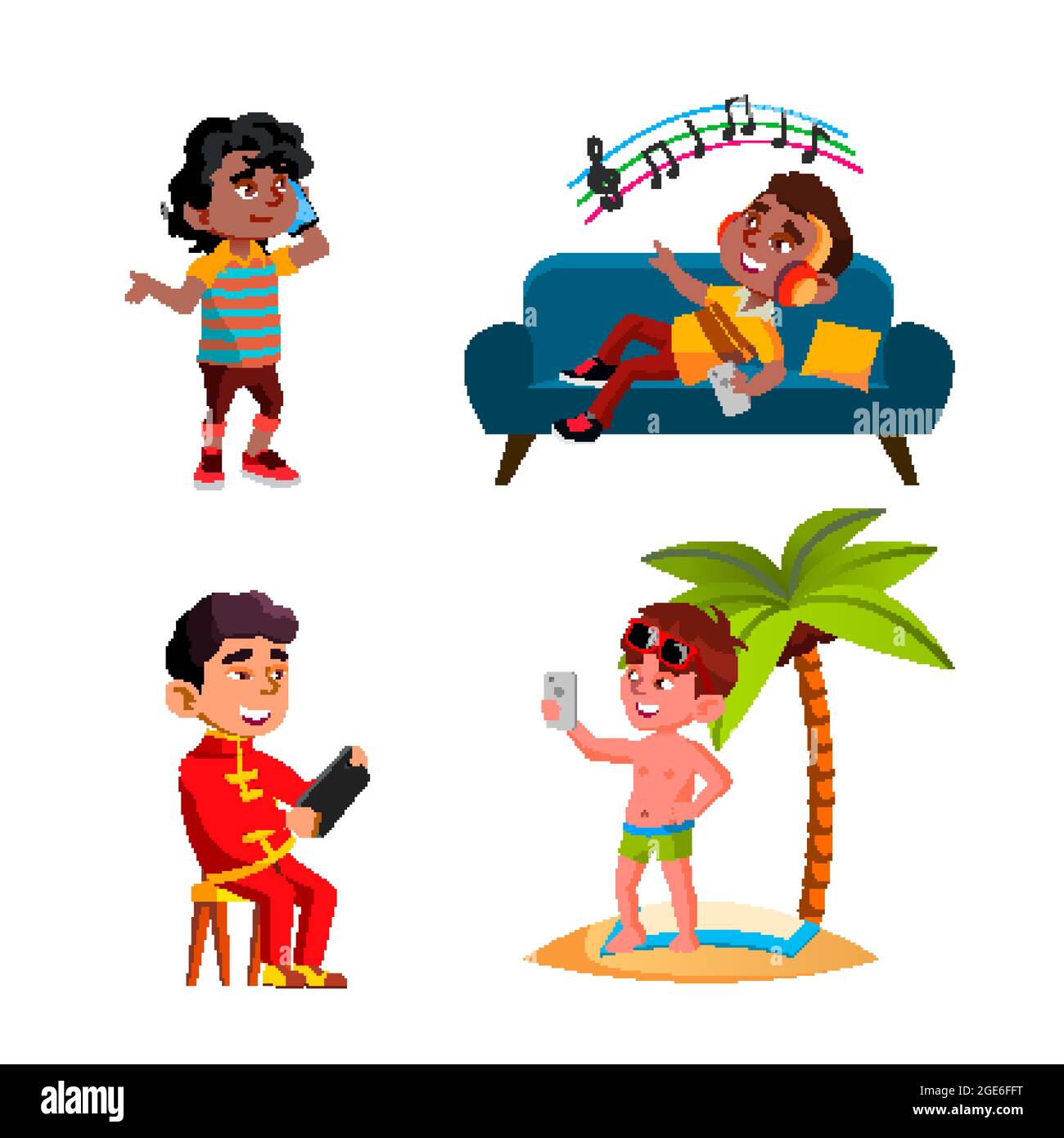 Boys Children Using Smartphone Device Set Vector Stock Vector Image ...