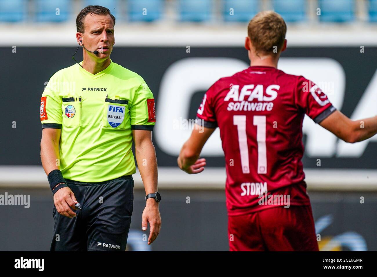 GENT, BELGIUM - AUGUST 15: Referee Nathan Verboomen and Nikola Storm of ...